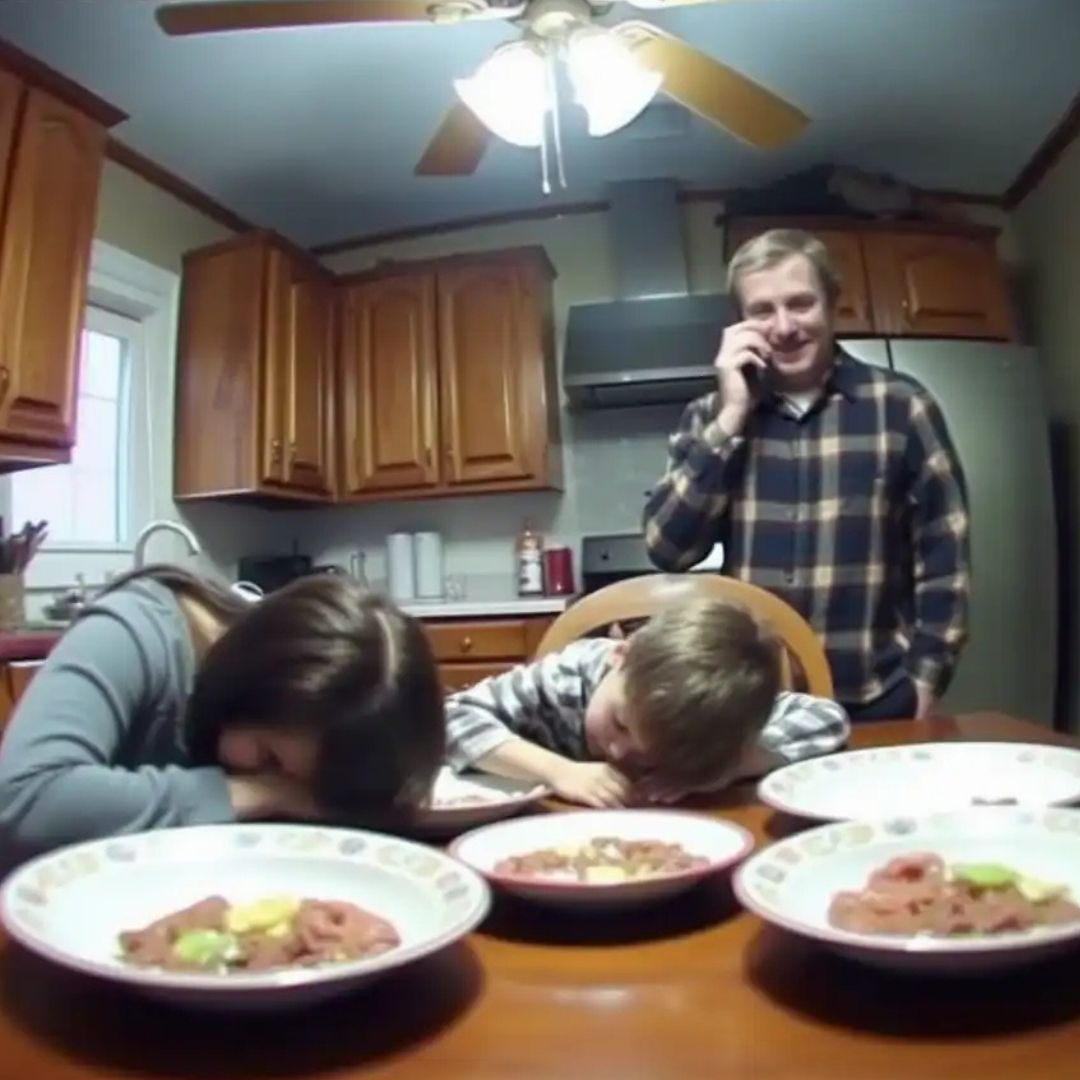 After dinner, my son and I collapsed. Pretending to be unconscious ...